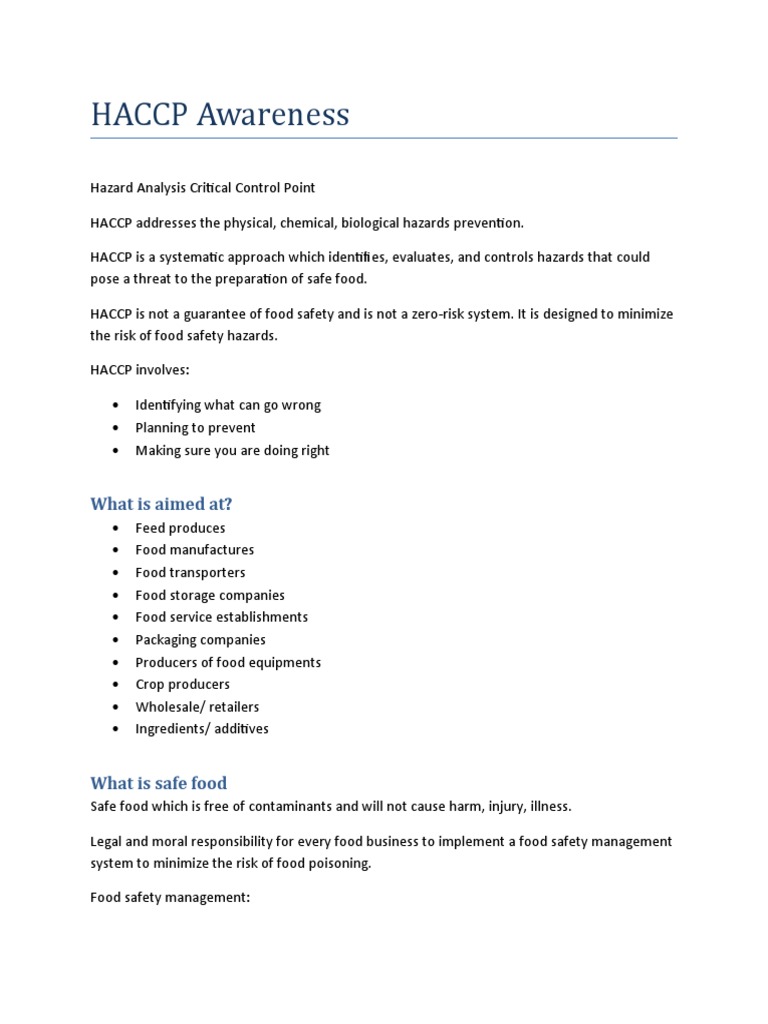 HACCP Awareness: What Is Aimed At? | Download Free PDF | Food Safety ...