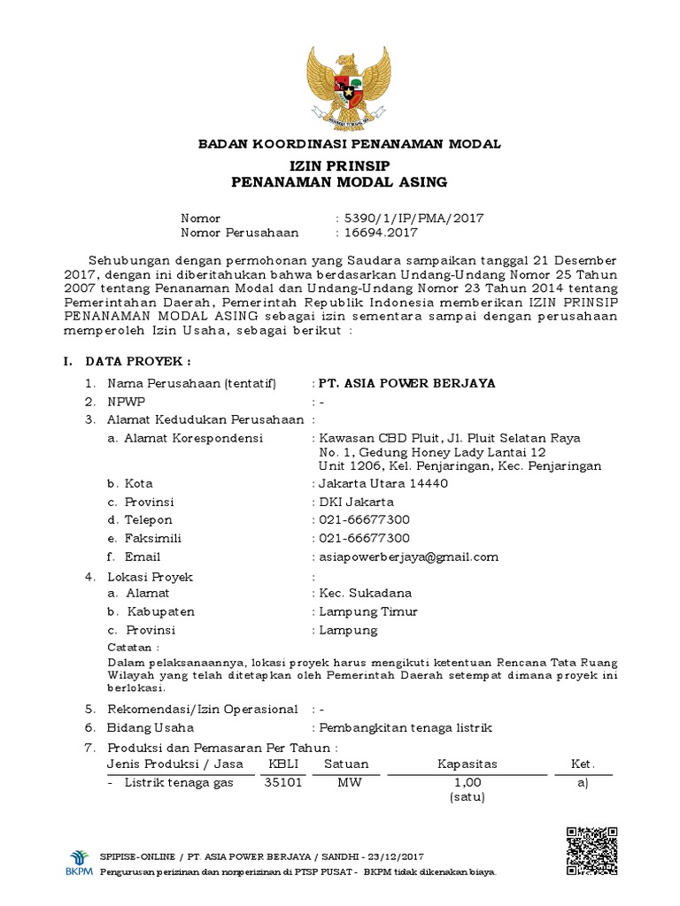 IZIN PRINSIP PENANAMAN MODAL ASING | PDF