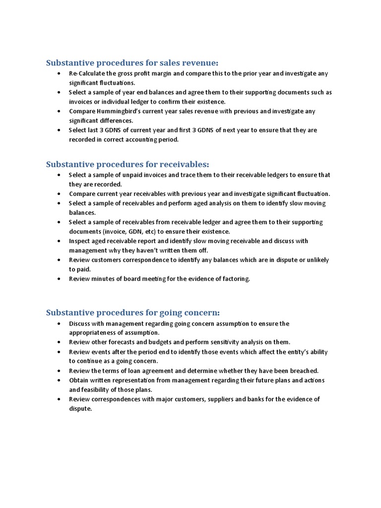 Substantive Procedures For Sales Revenue | PDF | Payroll | Going Concern
