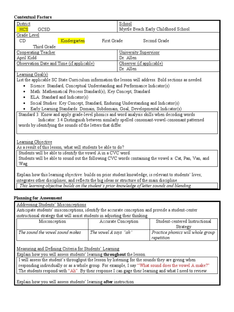 CVC Words Lesson Plan for Kindergarten | PDF | Phonics | Individualized ...
