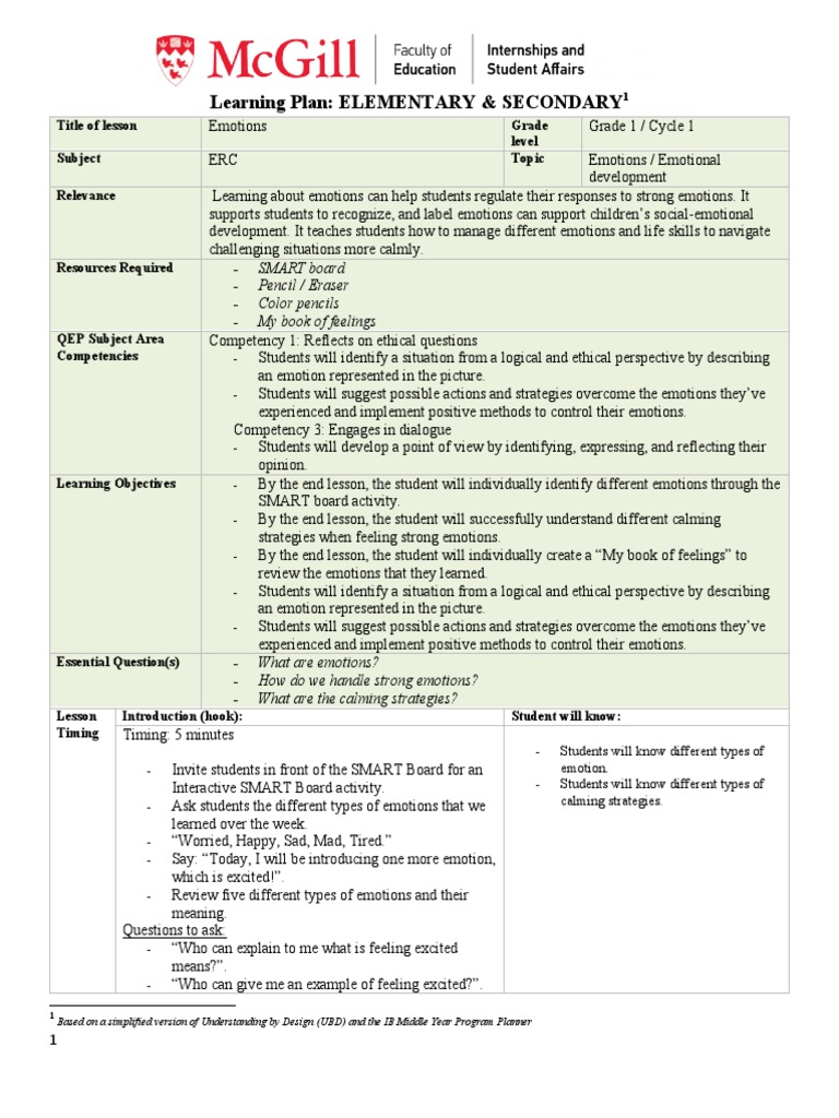 Emotions Lesson Plan for Grade 1 | PDF | Feeling | Emotions