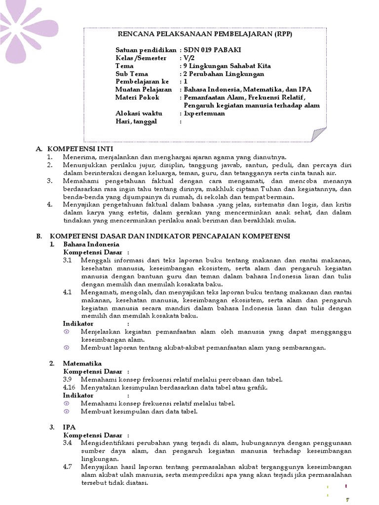 RPP Kls 5 Tema 9 Subtema 2 | PDF | Karier & Perkembangan | Sains & Matematika