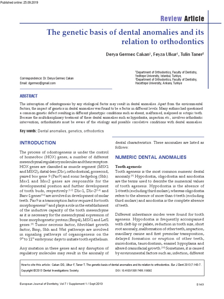 The Genetic Basis of Dental Anomalies and Its Relation To Orthodontics ...