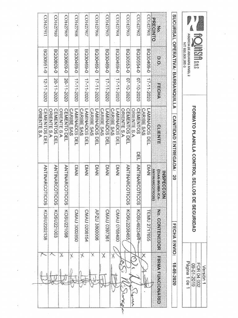 Planilla Control de Precintos | PDF