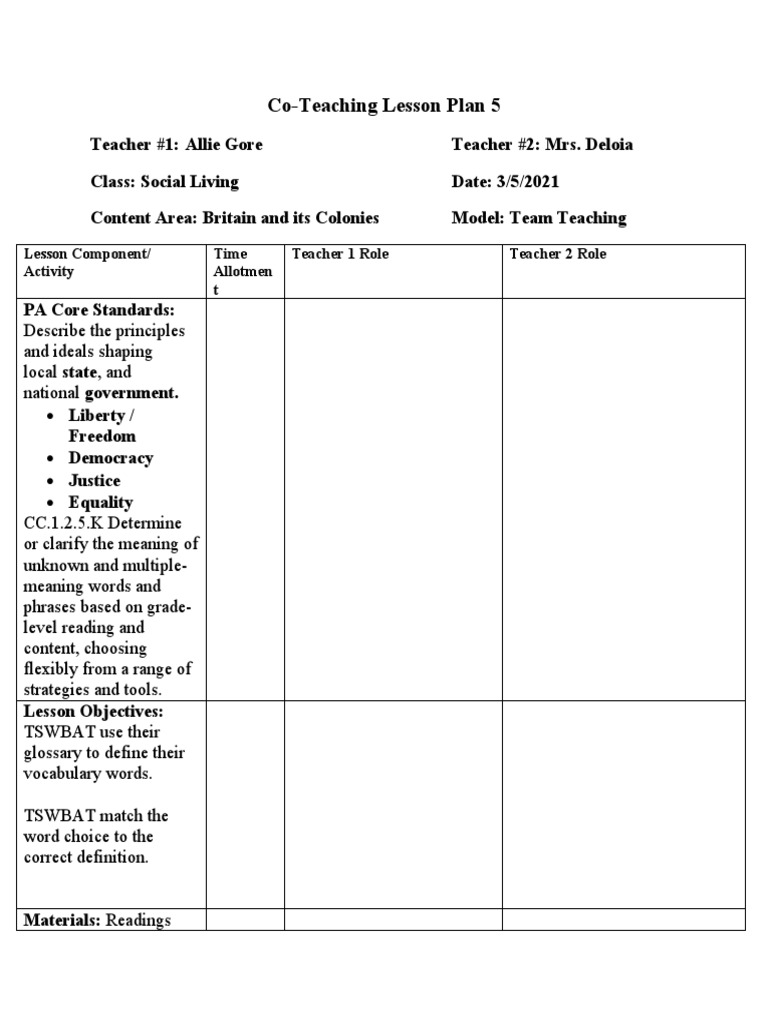 Co-Teaching Lesson Plan 5 | PDF | Lesson Plan | Teachers