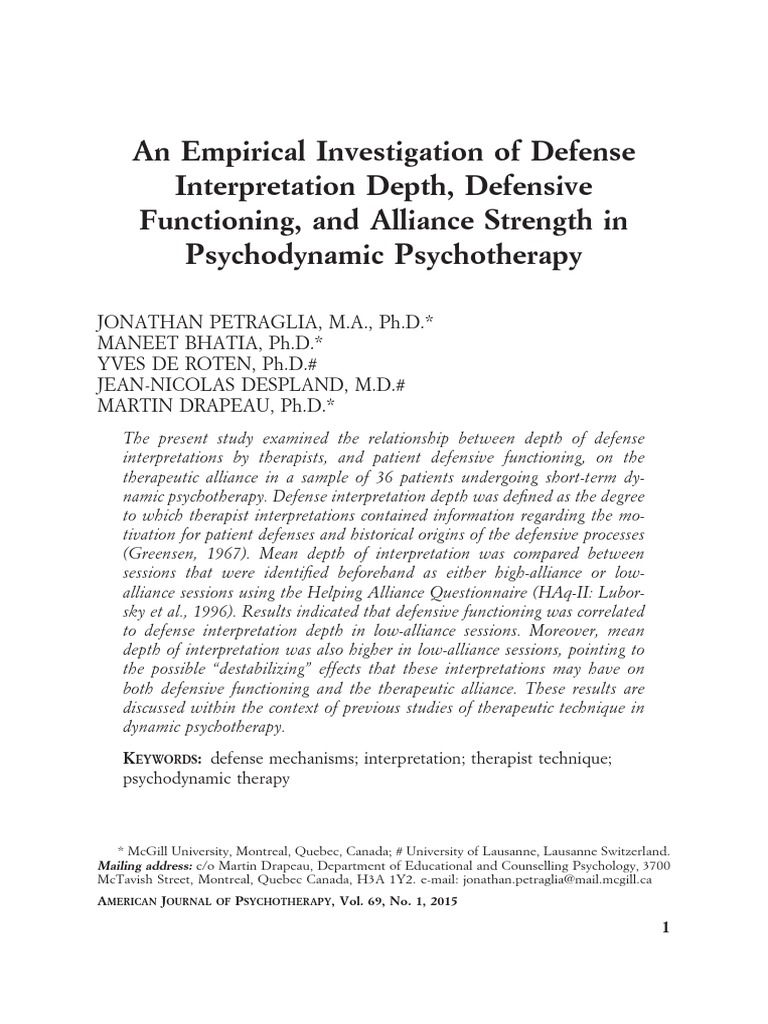 An Empirical Investigation of Defense Interpretation Depth, Defensive Functioning, and Alliance ...