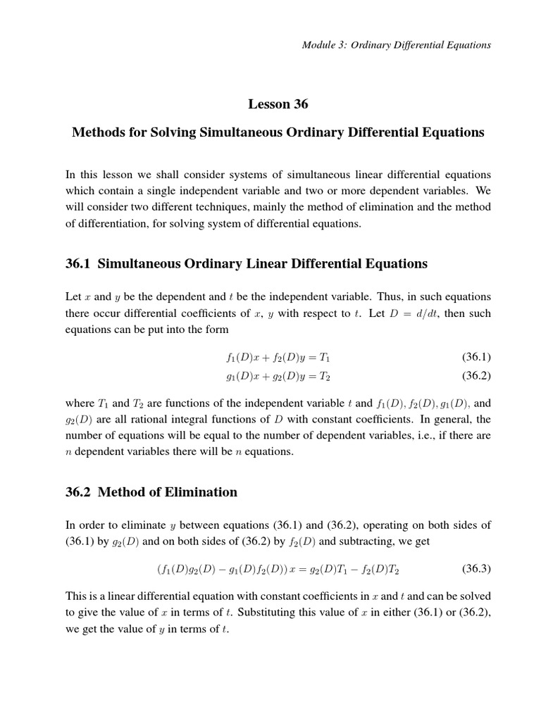 Lesson 36 Methods For Solving Simultaneous Ordinary Differential ...