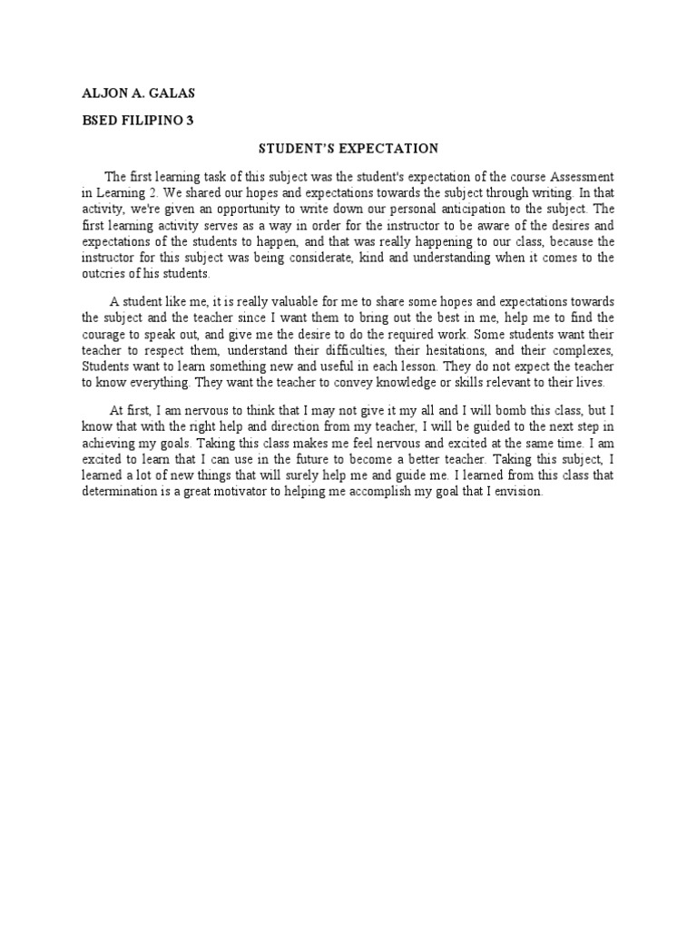 Aljon A. Galas Bsed Filipino 3 Student'S Expectation | PDF | Mean ...