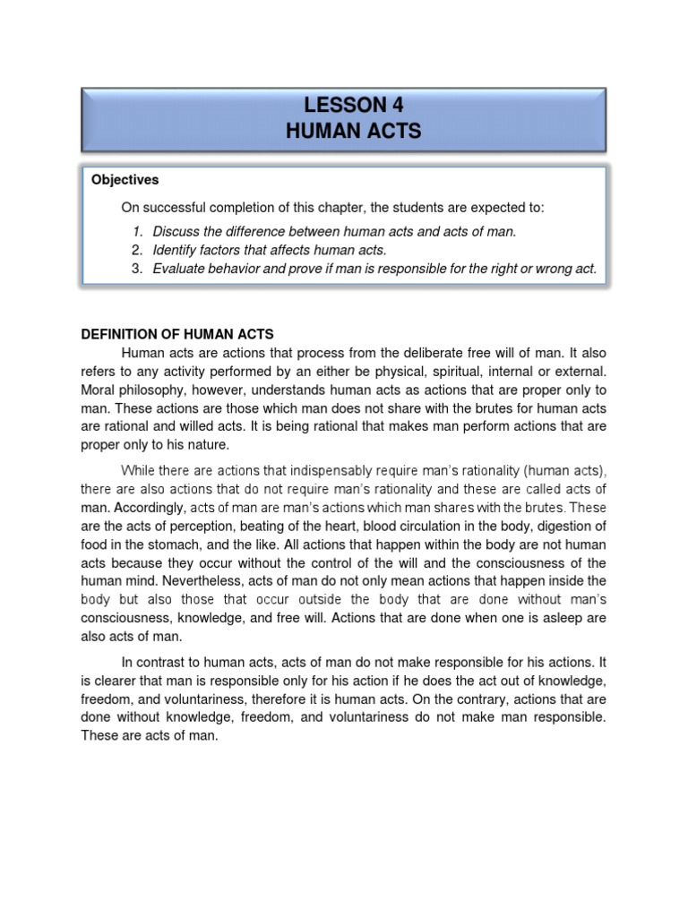 Our Lesson On Human Acts | PDF | Conscience | Free Will