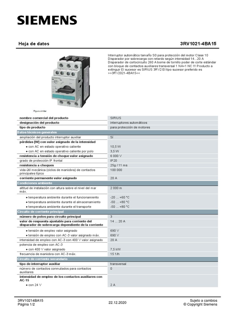 3RV10214BA15 - Datasheet - Es - PDF INTERRUPTOR ATOMÁTICO | PDF ...