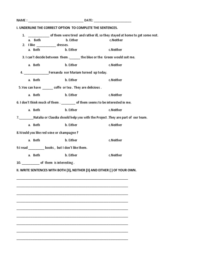 Extra Exercises Both Either Neither | PDF