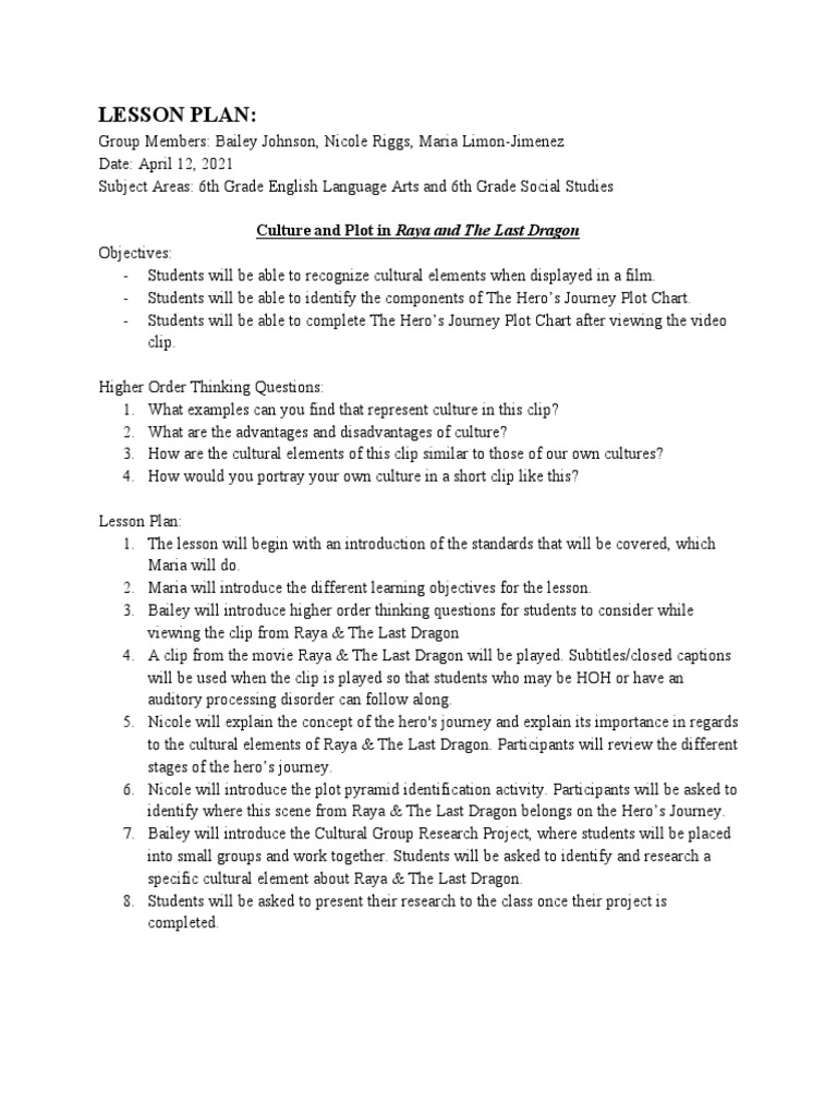 Raya and The Last Dragon Lesson Plan | PDF | Lesson Plan | Hero