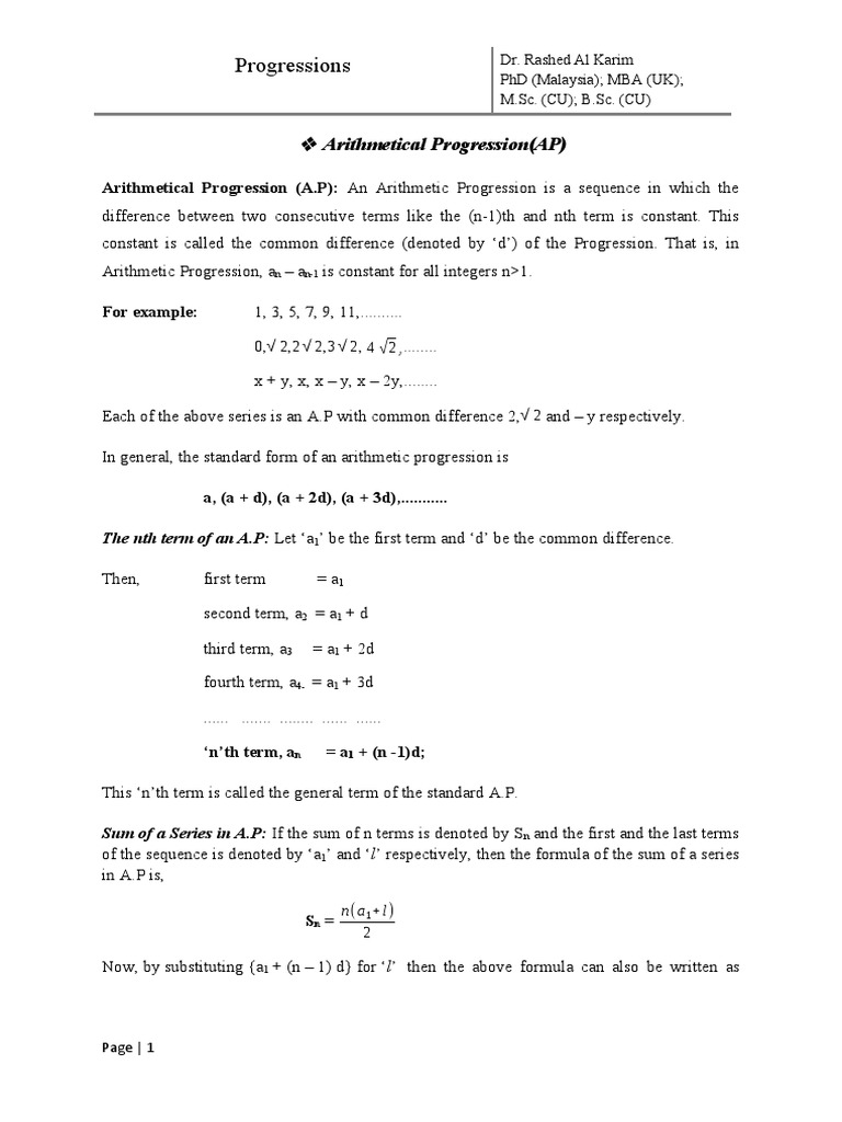 Progressions: Arithmetical Progression (AP) | PDF | Summation | Algebra