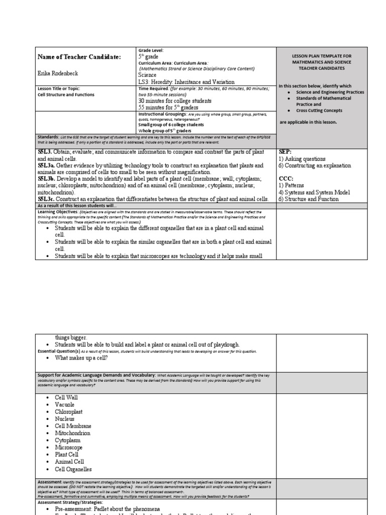 5th Grade Cell Structure Lesson Plan | PDF | Educational Assessment ...