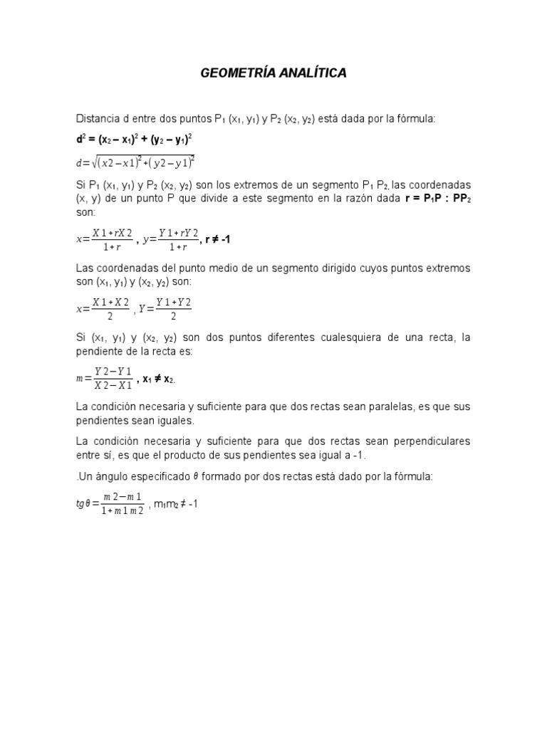 Fórmulas de Cálculo en Geometría Analítica | PDF | Elipse | Línea ...