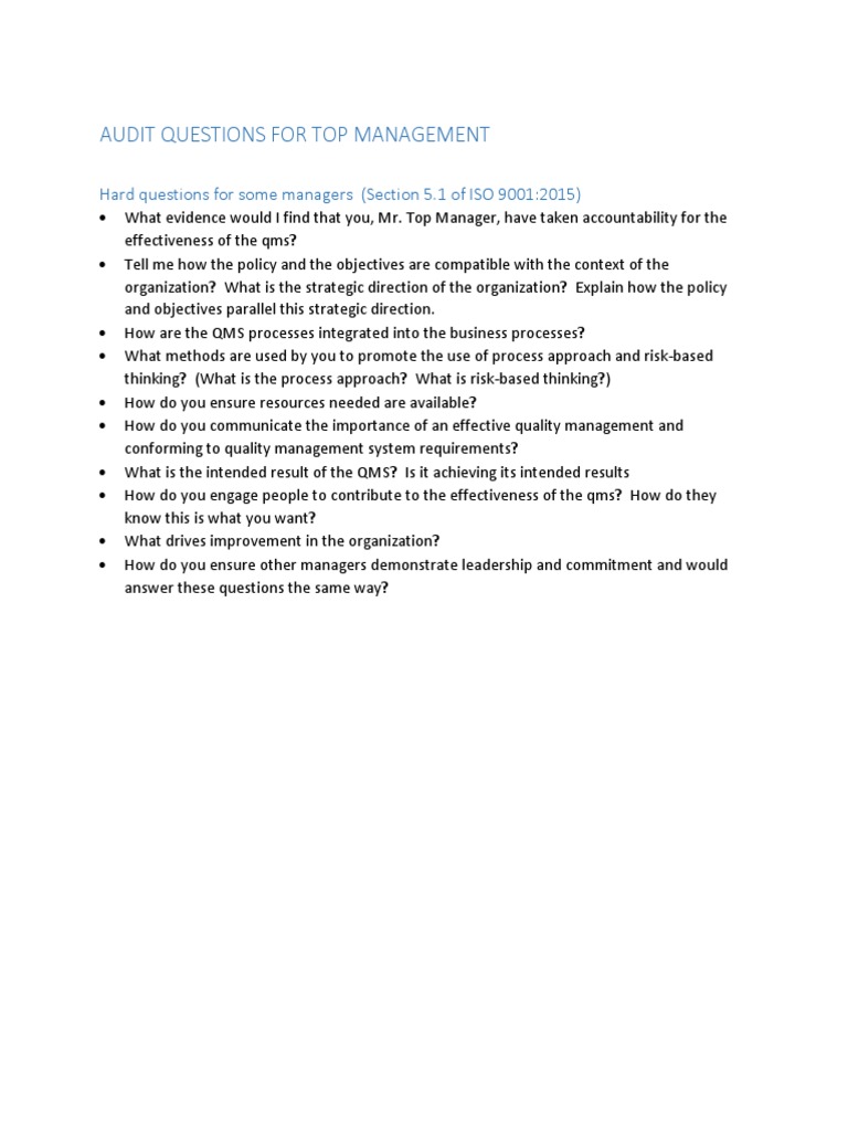 Top Management Audit Questions - ISO 9001 | PDF