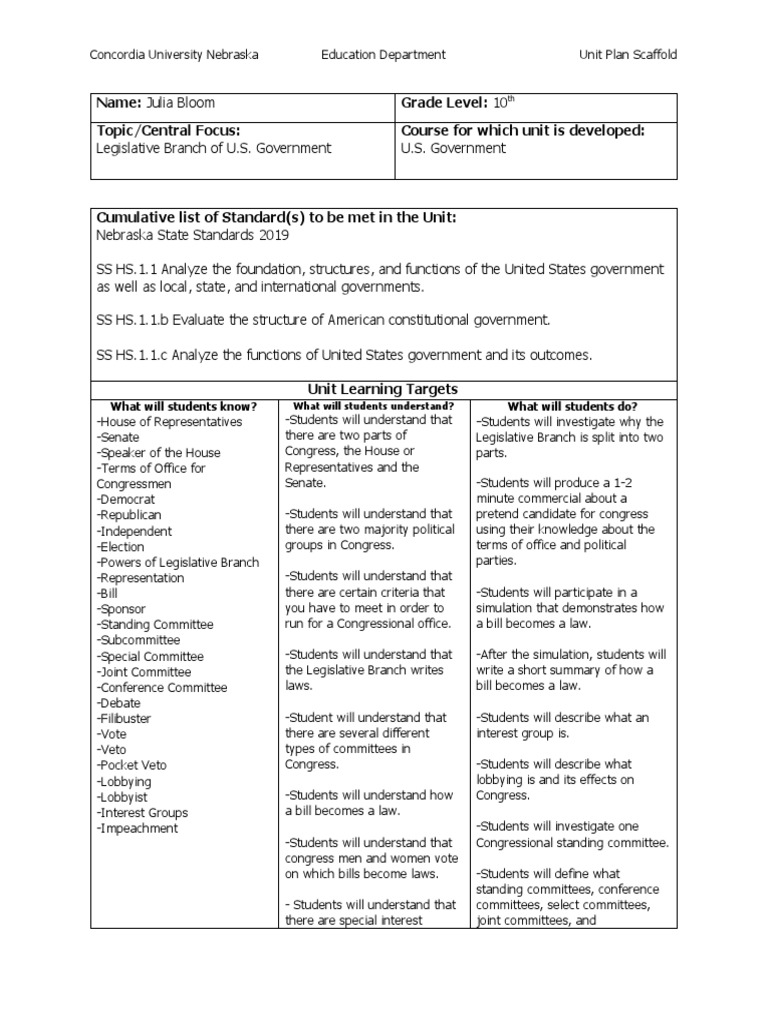 Unit Plan - Legislative Branch | PDF | United States Congress ...