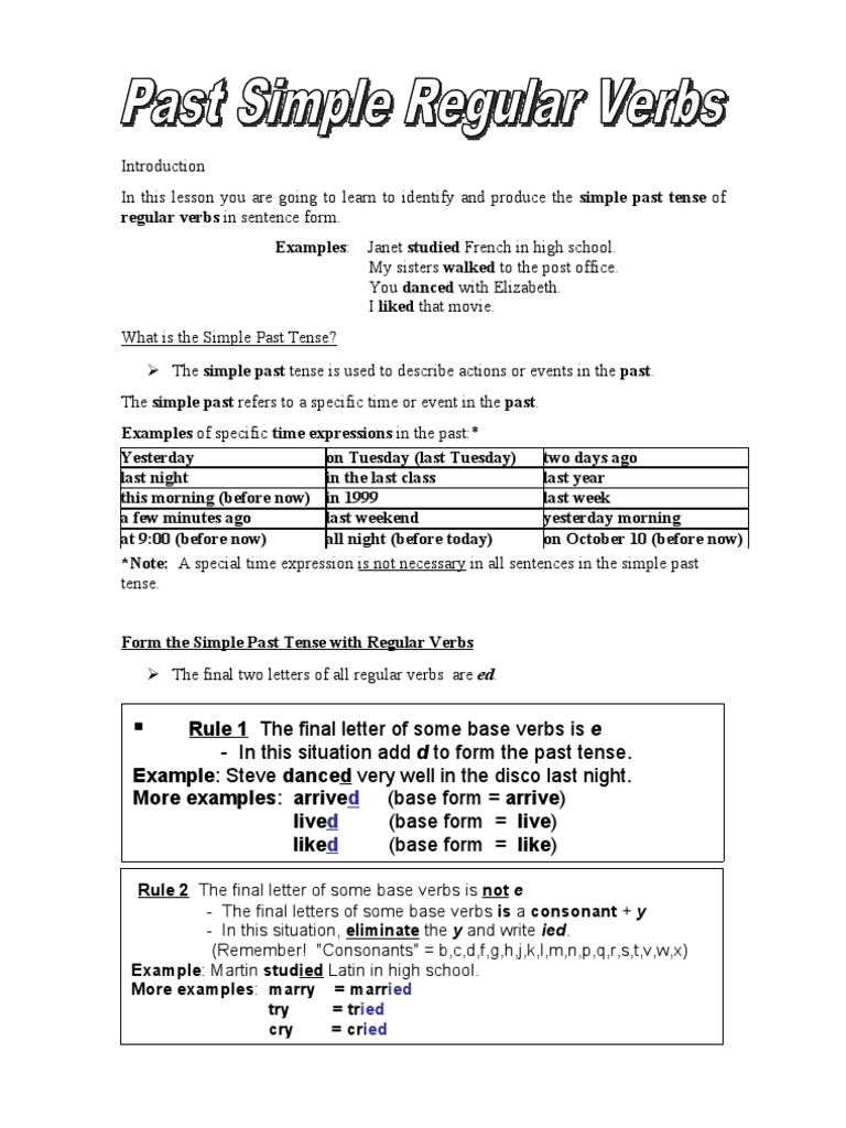 Simple Past Regular Verbs Informative Sheet | PDF | Grammatical Tense ...