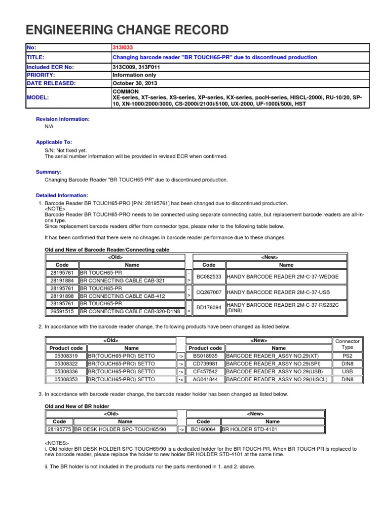Engineering Change Record: Changing Barcode Reader "BR TOUCH65-PR" Due ...