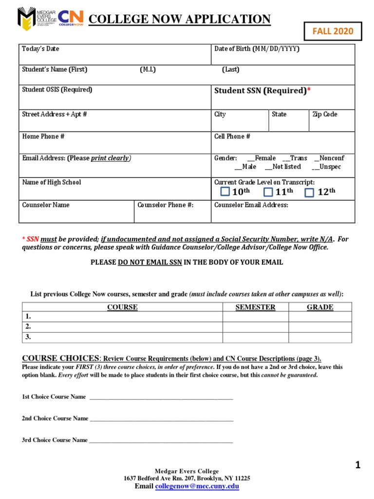 College Now Application Form | PDF | Social Security Number | Business