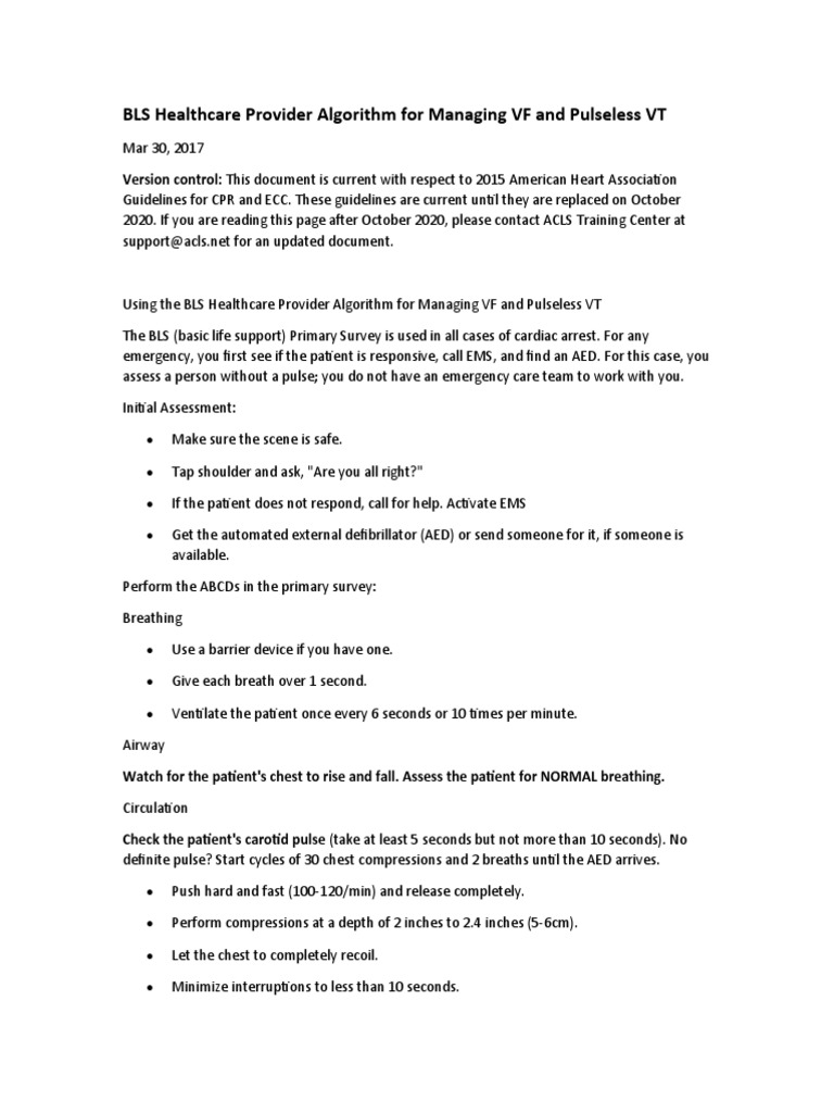 BLS Healthcare Provider Algorithm For Managing VF and Pulseless VT ...