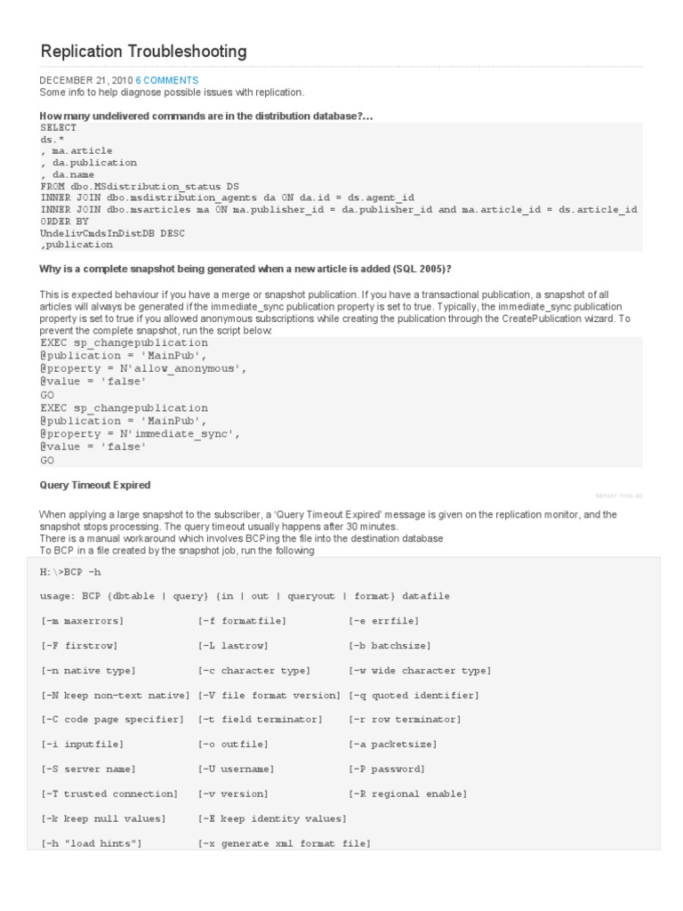 Troubleshooting Transactional Replication in SQL Server | PDF ...