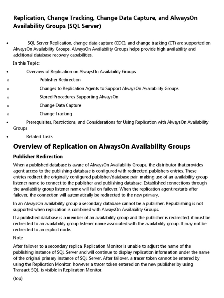 Replication, Change Tracking, Change Data Capture, and AlwaysOn Availability Groups | PDF ...