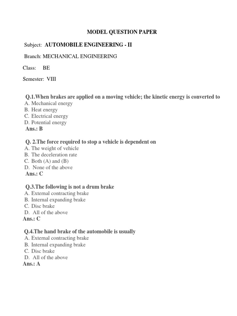 Automobile Engineering Model Questions | PDF | Brake | Ignition System