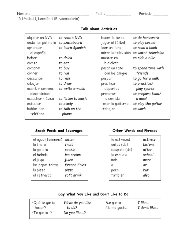 Vocabulario de Actividades y Comida | PDF | Bebidas | Alimentos