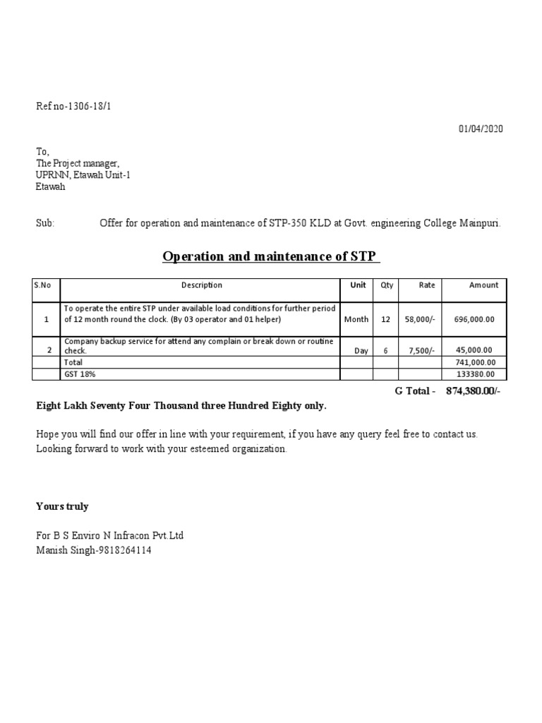 Offer for Operation and Maintenance of STP-350 KLD at Government ...