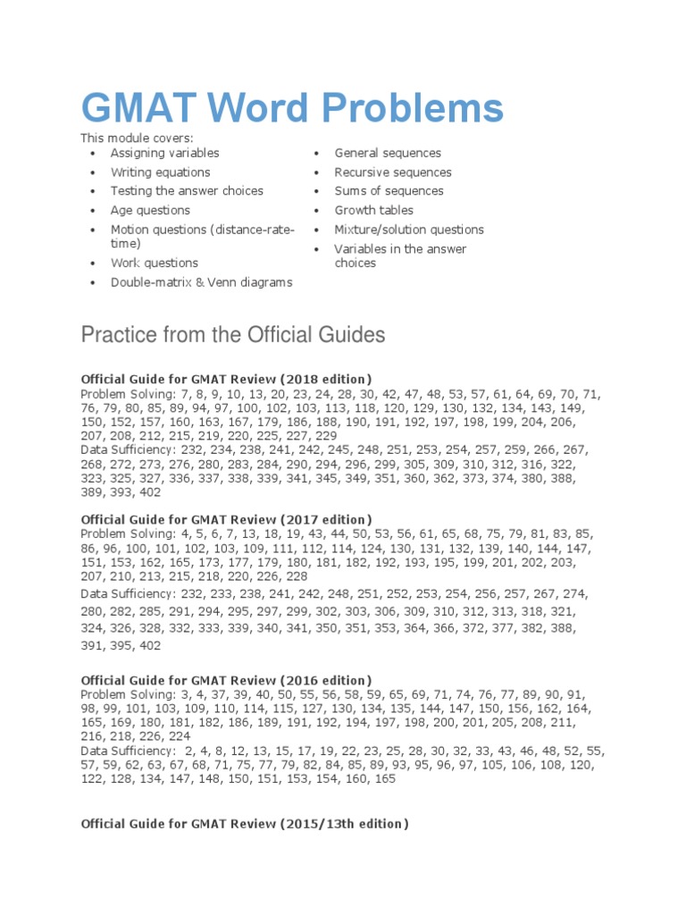GMAT Word Problems: Practice From The Official Guides | PDF | Graduate ...