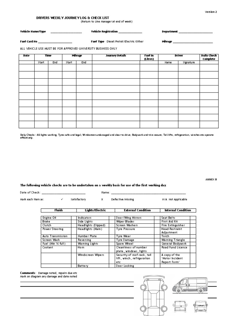 Drivers Weekly Journey Log & Check List: (Return To Line Manager at End ...