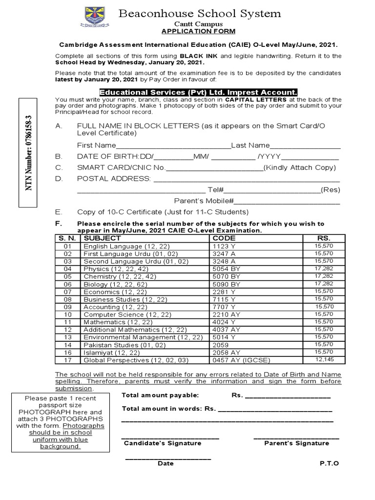 O-Level CAIE Registration Form (June-2021) | PDF | Test/Examination ...