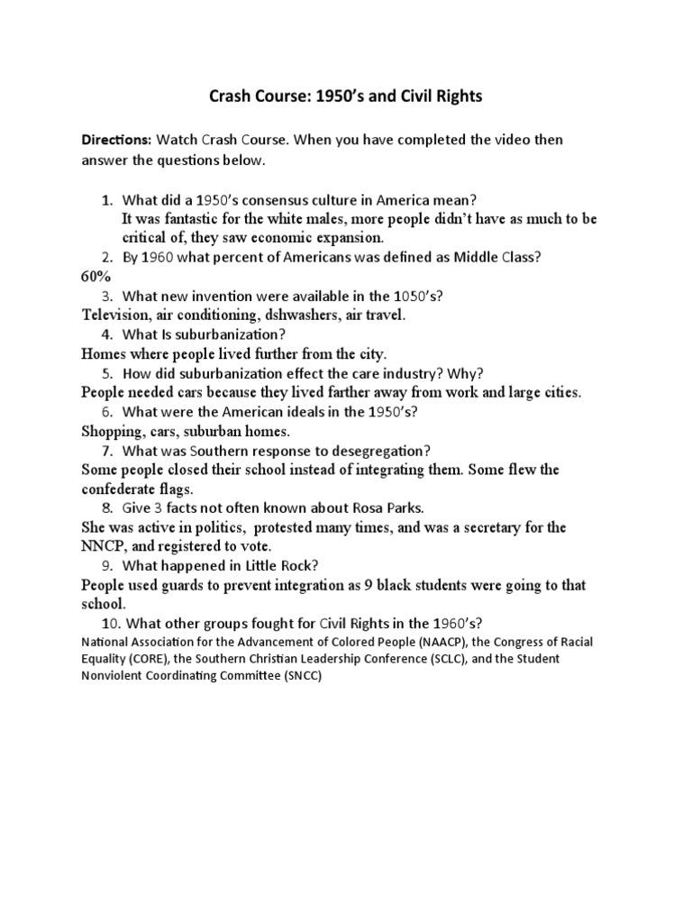 Crash Course: 1950's and Civil Rights: Directions: Watch Crash Course ...