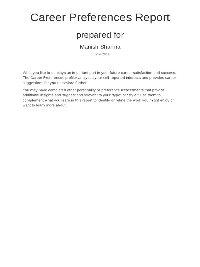 Career Preferences Report: Prepared For | PDF | Creativity | Idea