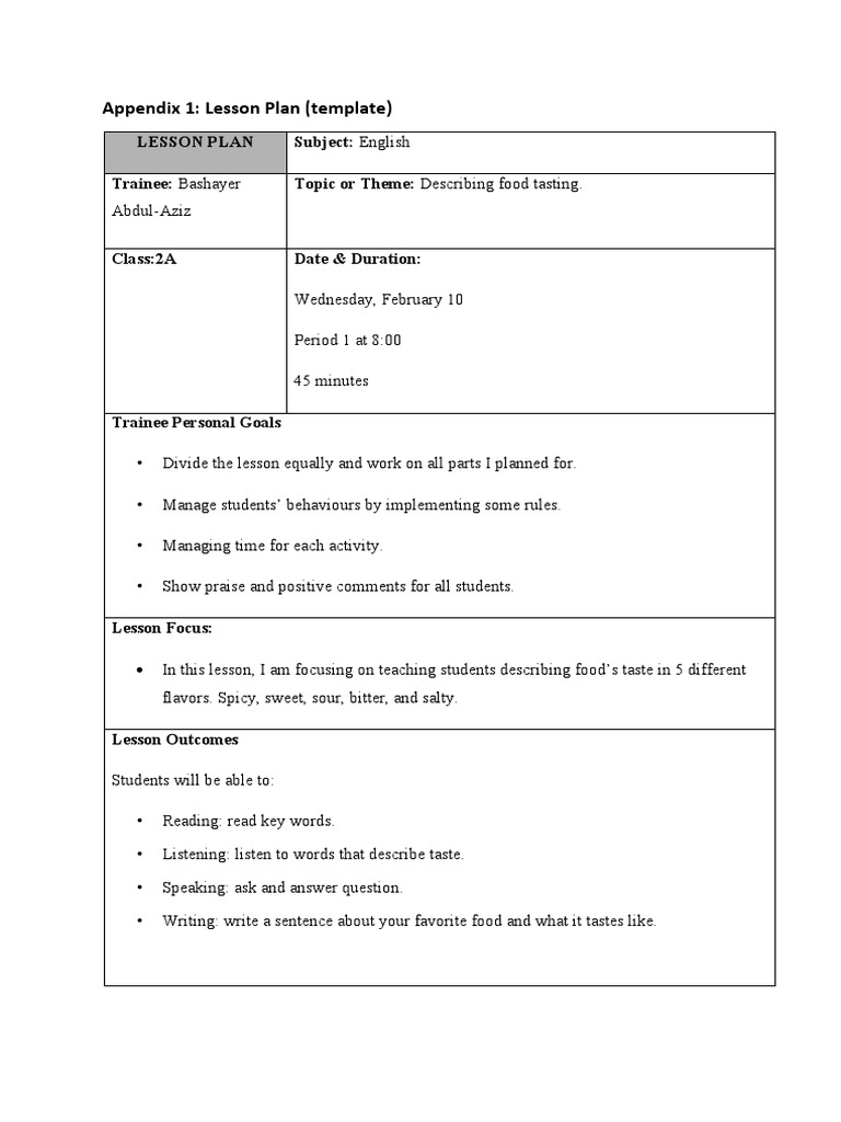 Food Taste Lesson Plan | PDF | Taste | Lesson Plan