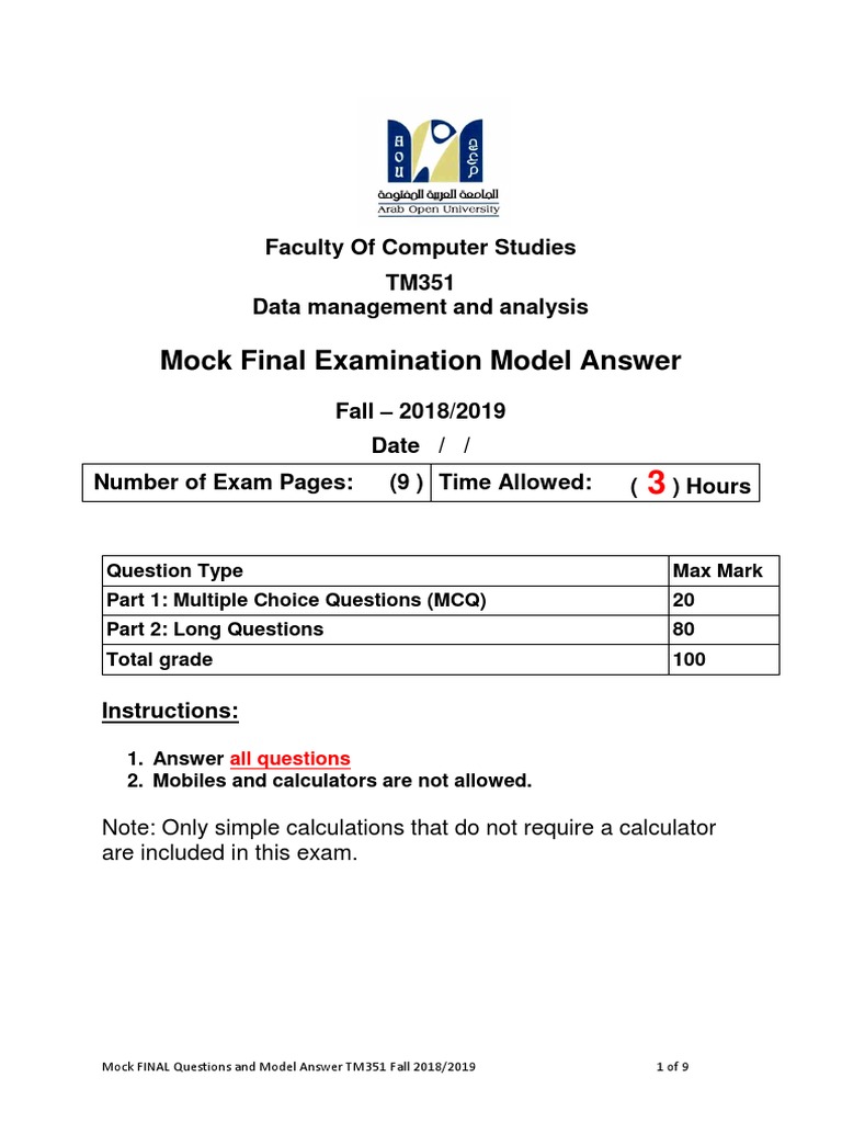 Mock Final Examination Model Answer: Faculty of Computer Studies TM351 Data Management and ...