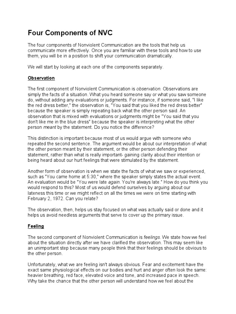 Four Components of NVC: Observation | PDF | Anger | Feeling