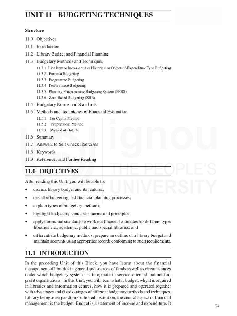 Unit-11 - BUDGETING TECHNIQUES - IGNOU | PDF | Libraries | Budget