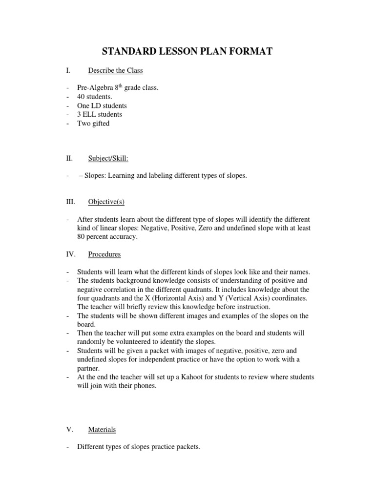 Standard Lesson Plan Format 1-1 | PDF | Slope | Lesson Plan