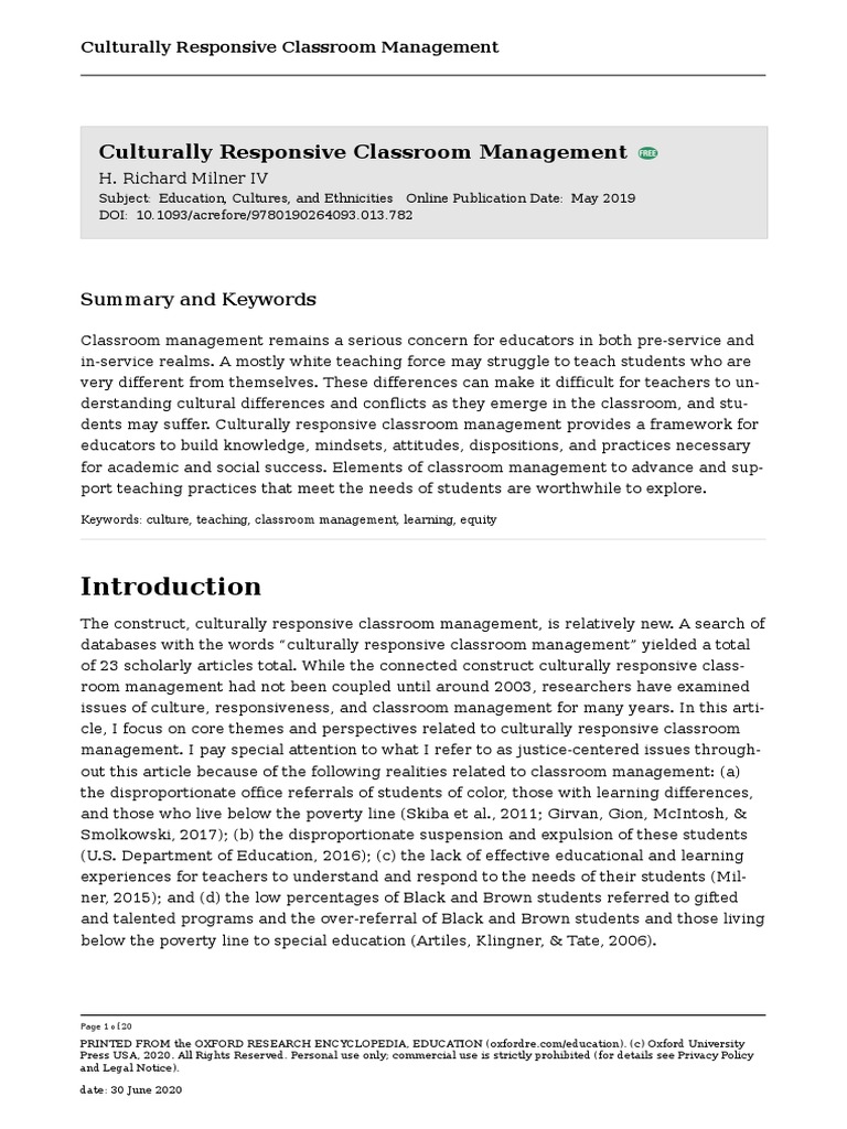CRCM Milner 2019 Culturally Responsive Classroom Management 1 | PDF | Classroom Management ...