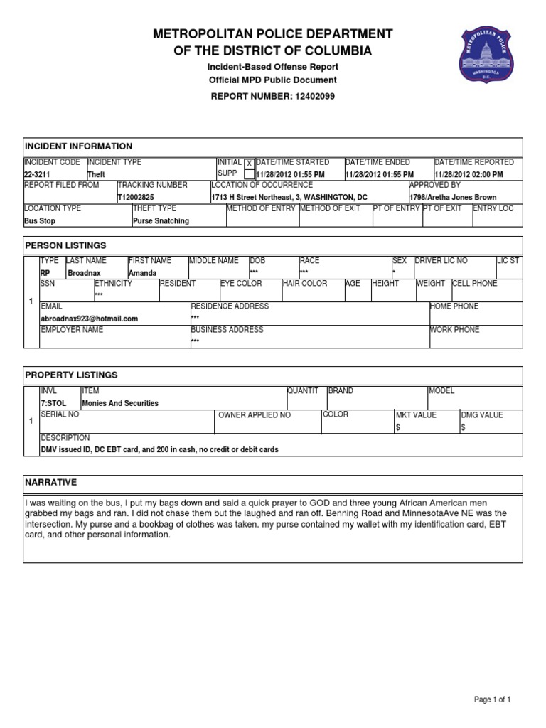 DC Theft Report: Purse Snatching Incident | PDF | Business