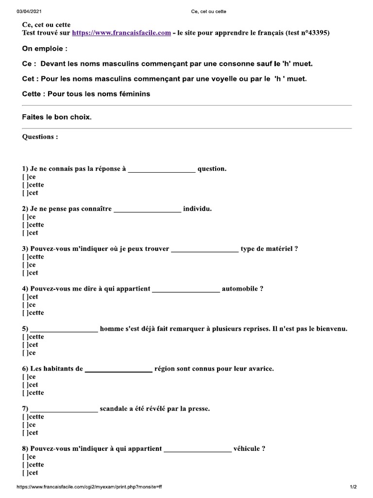 Ce, Cet Ou Cette | PDF