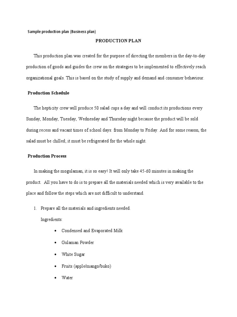 Sample Production Plan (Business Plan) | PDF
