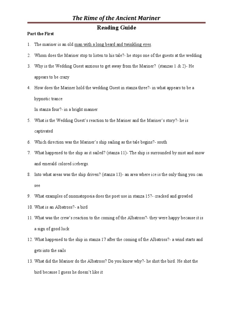The Rime of The Ancient Mariner: Reading Guide | PDF | Art | Poetry