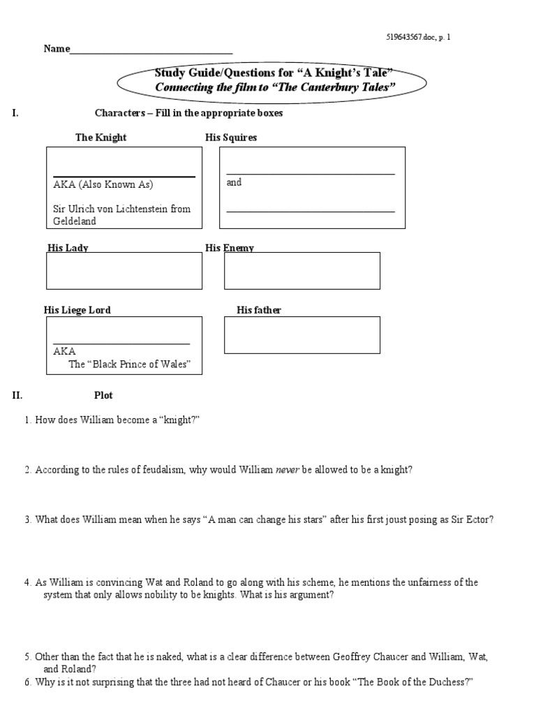 A Knight's Tale Study Guide Questions | PDF