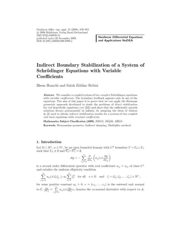 Indirect Boundary Stabilization of A System of Schrodinger Equations With Variable Coefficients ...