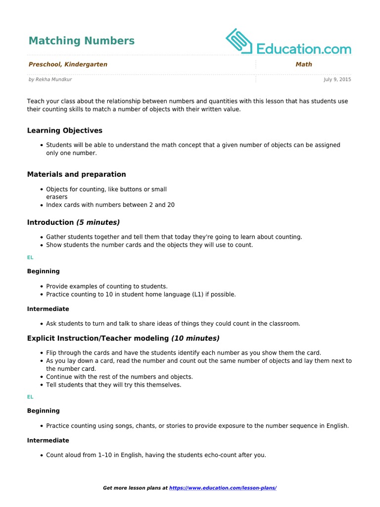 Matching Numbers: Learning Objectives | PDF | Lesson Plan | Applied ...