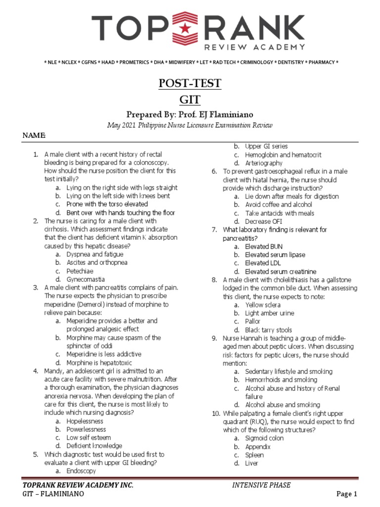 GIT Post-Test Review for Nursing Exam | PDF | Gastrointestinal Tract ...