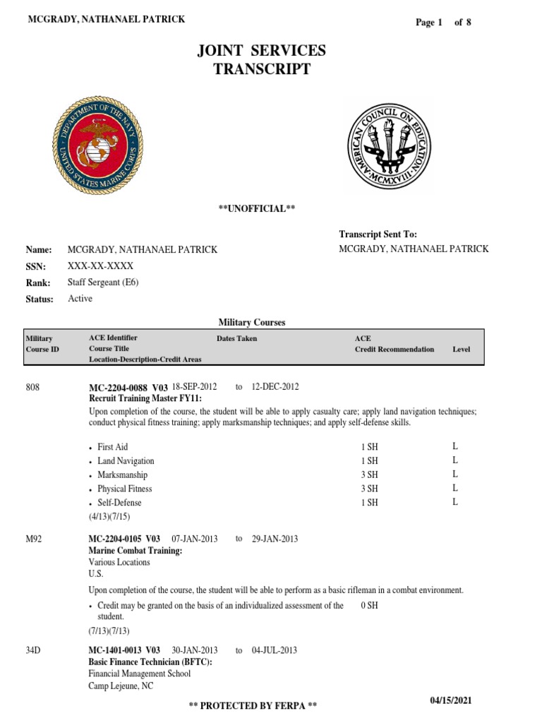 Joint Services Transcript: of 1 Mcgrady, Nathanael Patrick 8 | PDF ...
